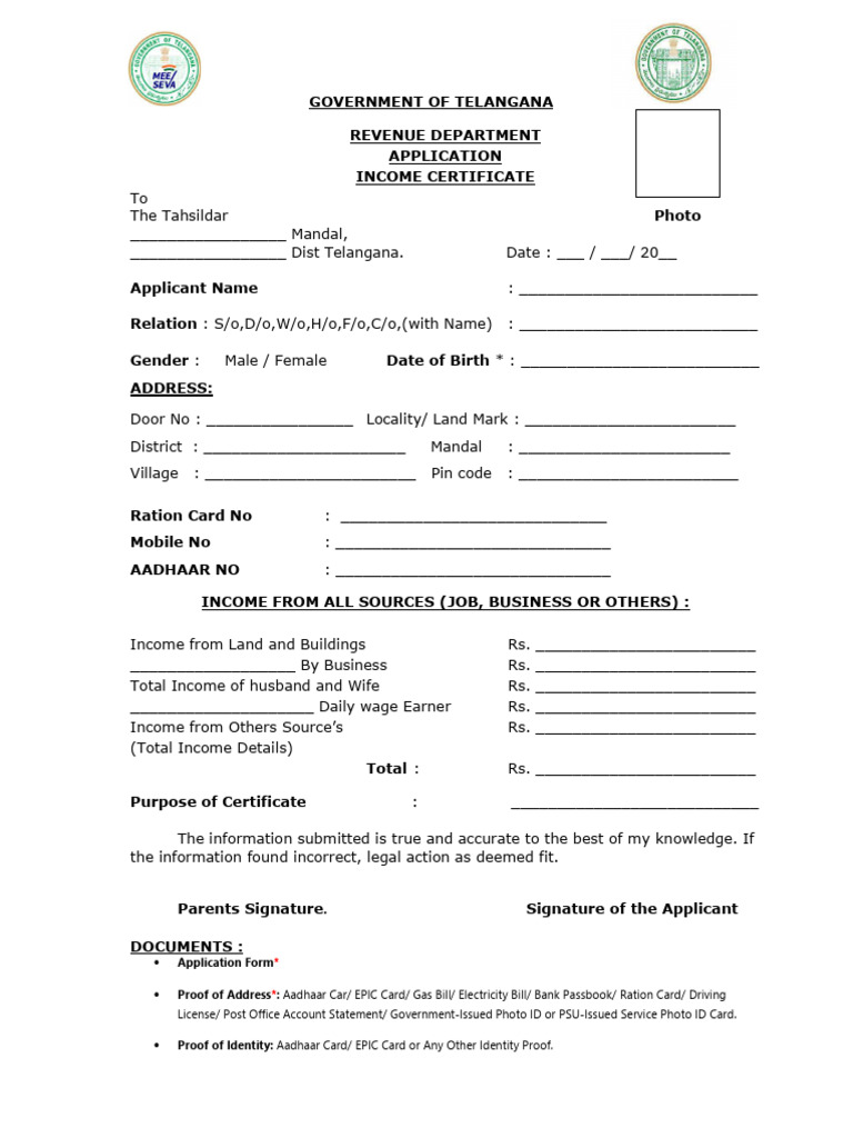 Telangana Income Certificate Requirements | PDF | Identity Document ...