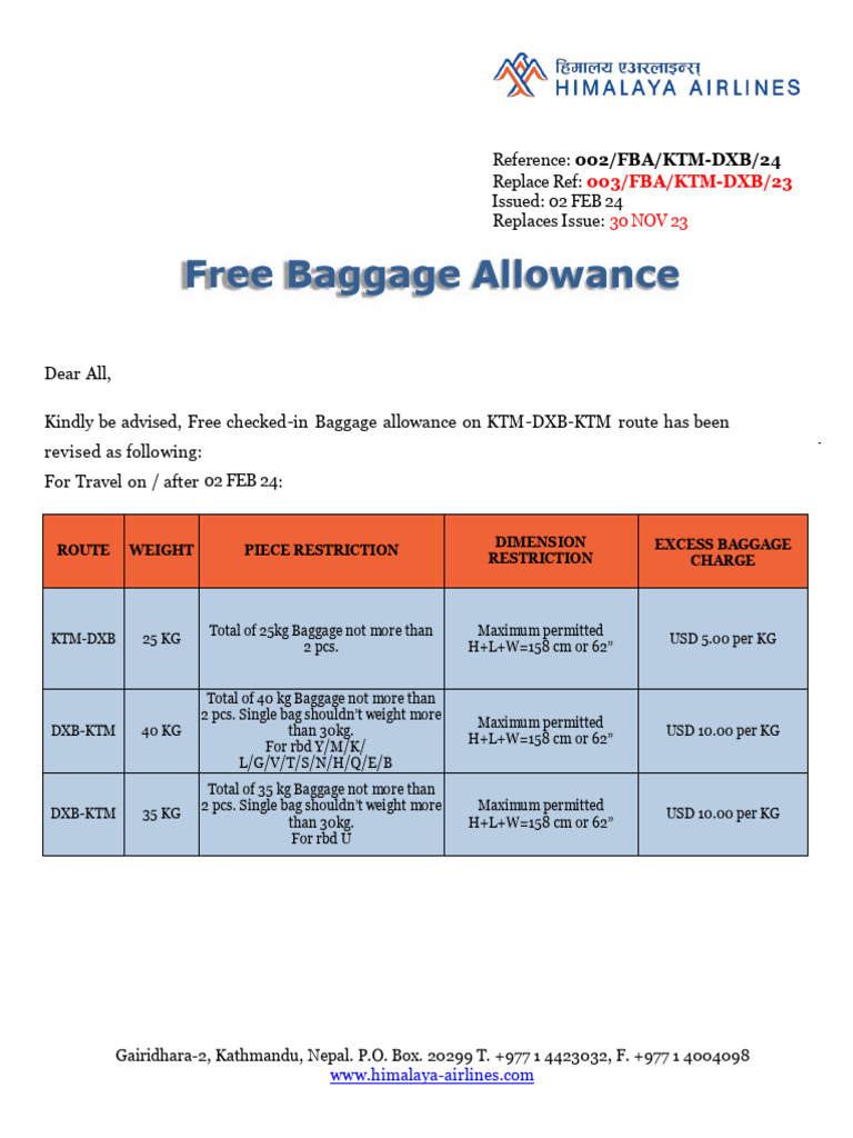 Free - Baggage - Allowance - 002-FBA-KTM-DXB-KTM 24 | PDF