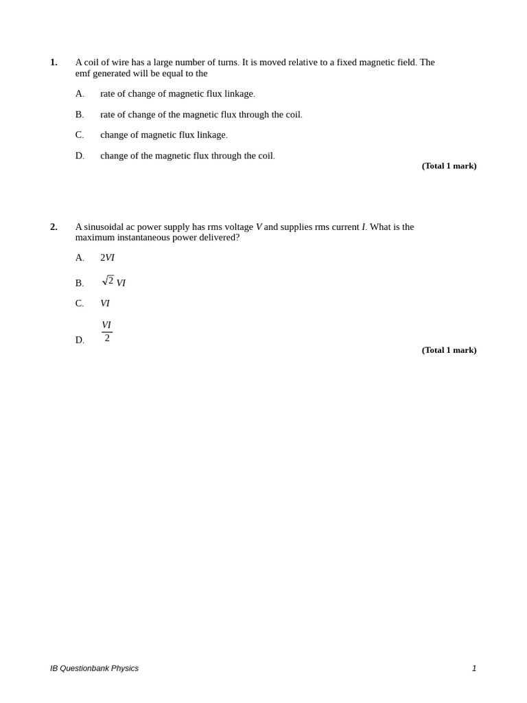 IB Induced Emf and AC Current Questions | PDF | Electromagnetic ...