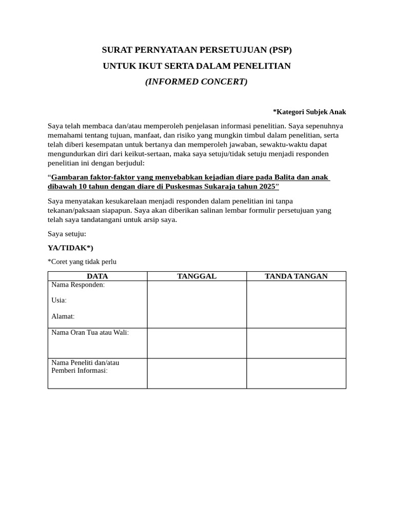 SURAT PERNYATAAN PERSETUJUAN (Informed Concert) Judul 1&2 | PDF