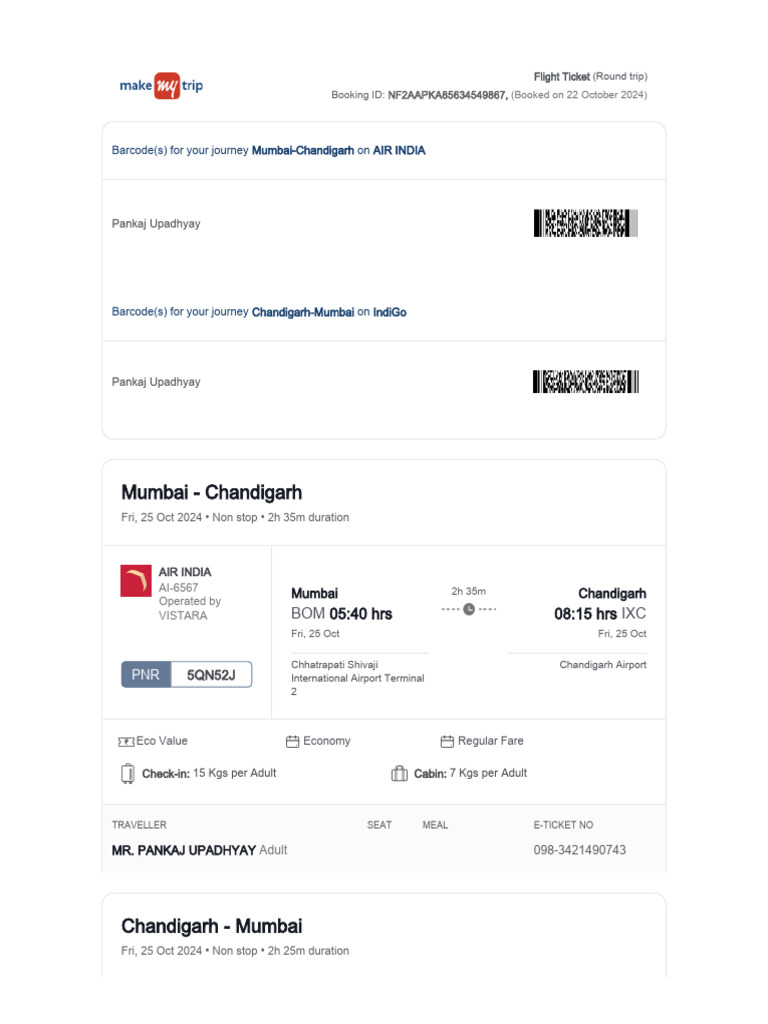 Flight Itinerary for Pankaj Upadhyay | PDF | Identity Document | Aviation