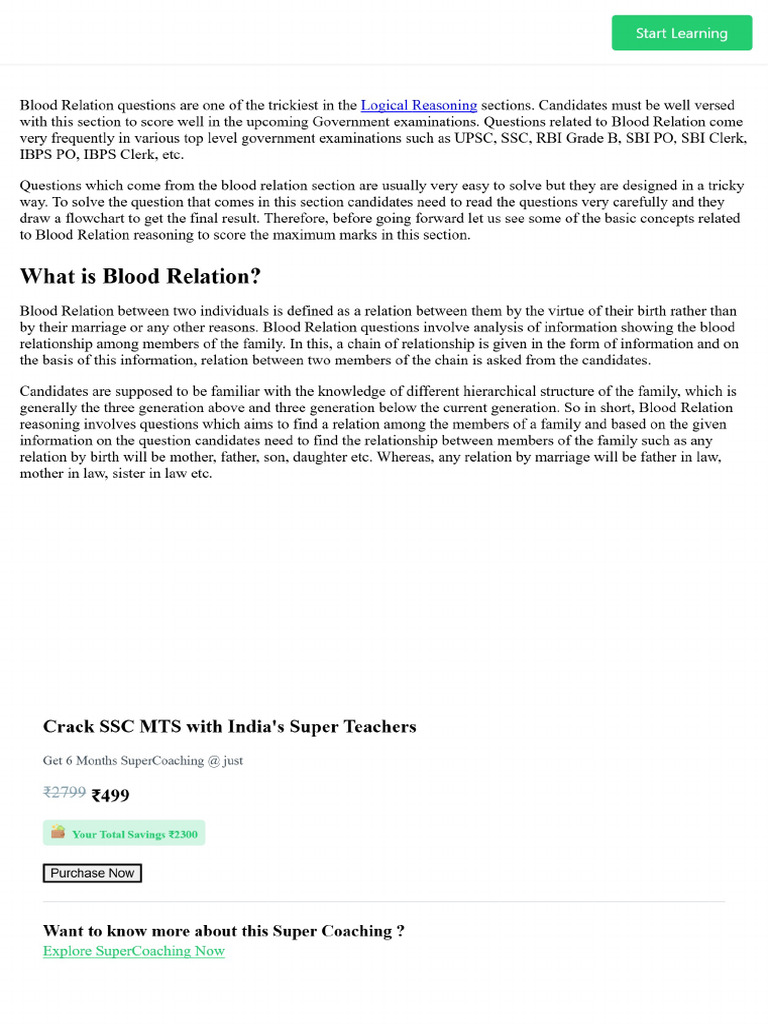 Blood Relation Reasoning - Concepts, Types & Solved Examples | PDF