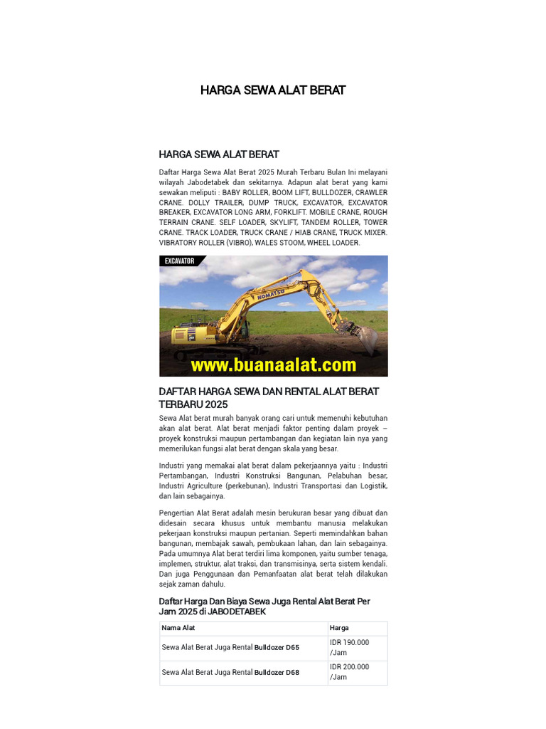 Harga Sewa Alat Berat 2025 Per Jam - Hari - Buana Alat | PDF