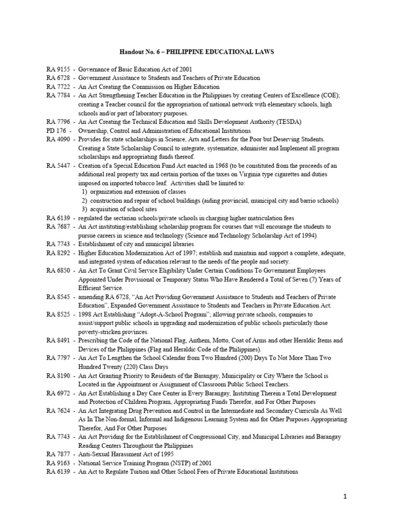 Handout 6- Educational Laws | PDF | Curriculum | Schools