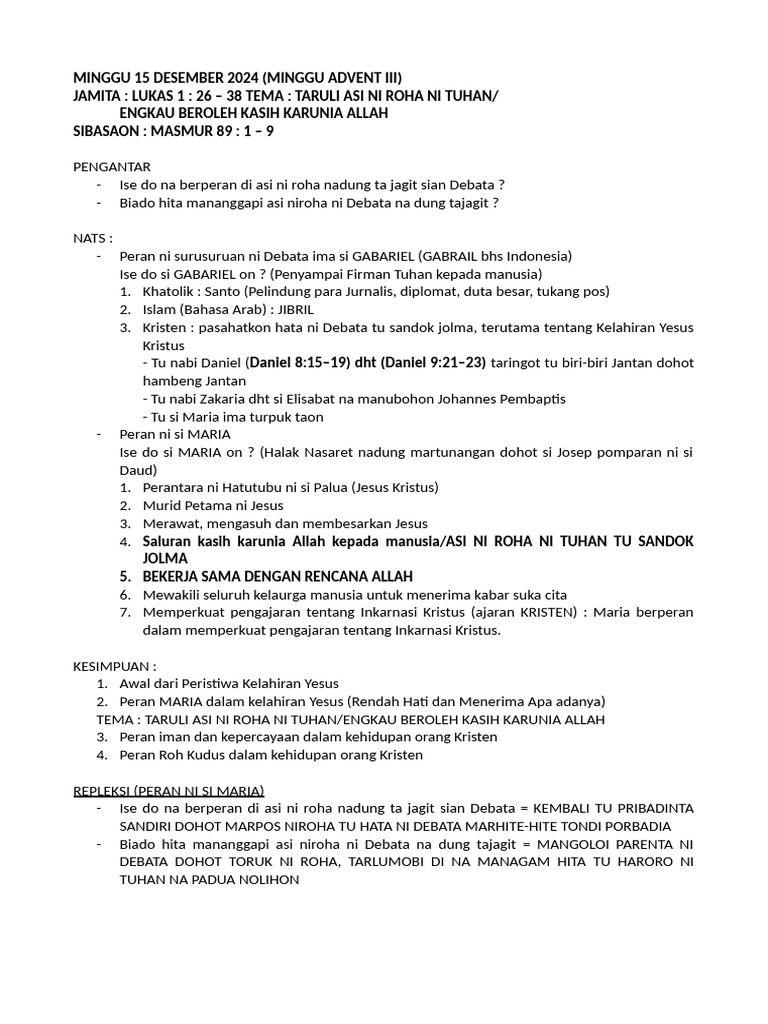 Khotbah Minggu 15 Desember 2024 LUKAS 1 26 - 38 | PDF