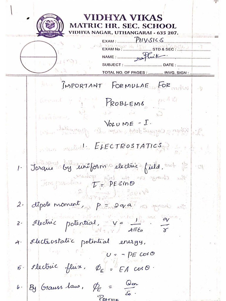 12th Physics Formula Sheet Both VOL1&VOL2 | PDF