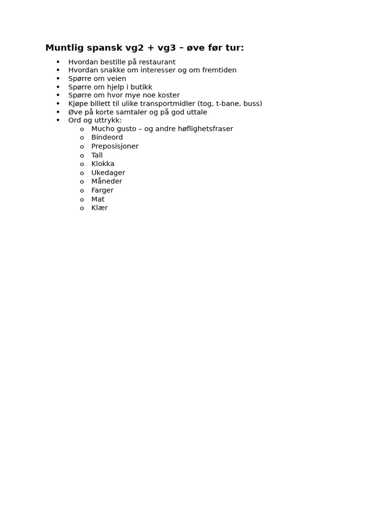 Muntlig Spansk Vg2 + Vg3 - Øve Før Tur | PDF