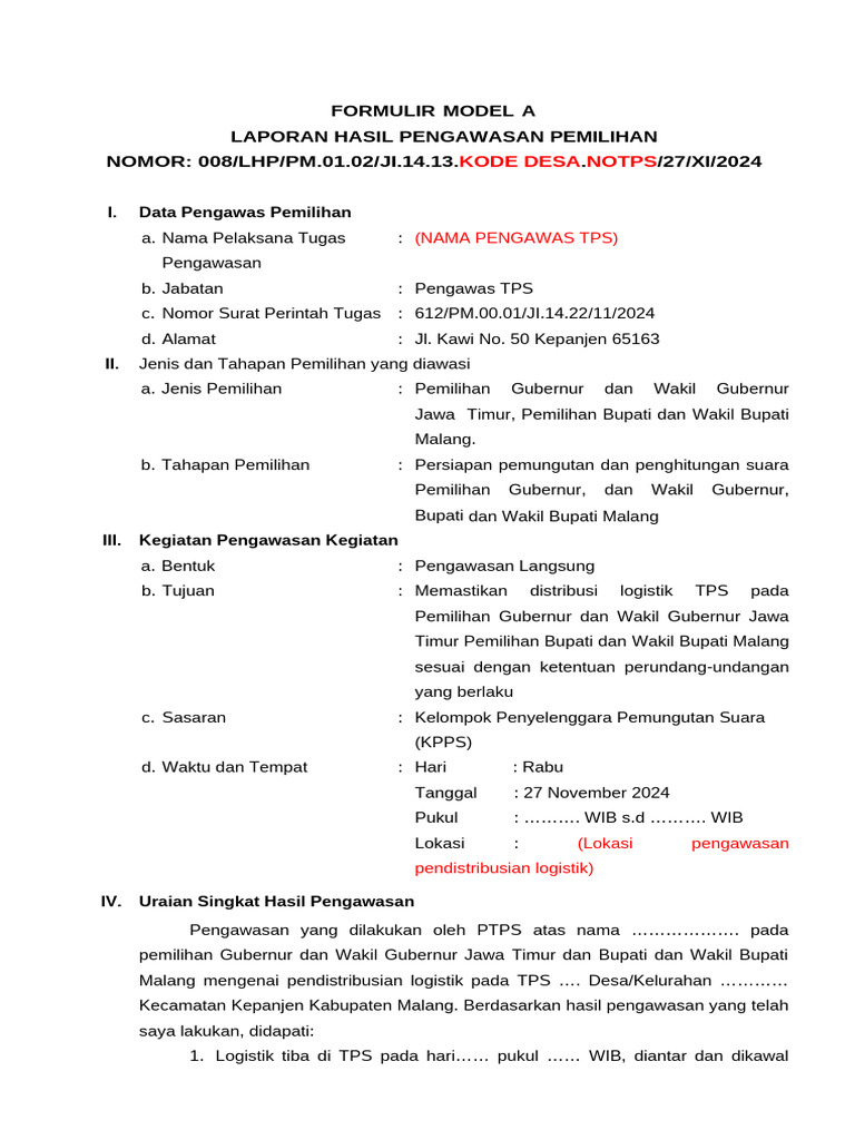Form A Pengawasan Pendistribusian Logistik 27 Nov | PDF