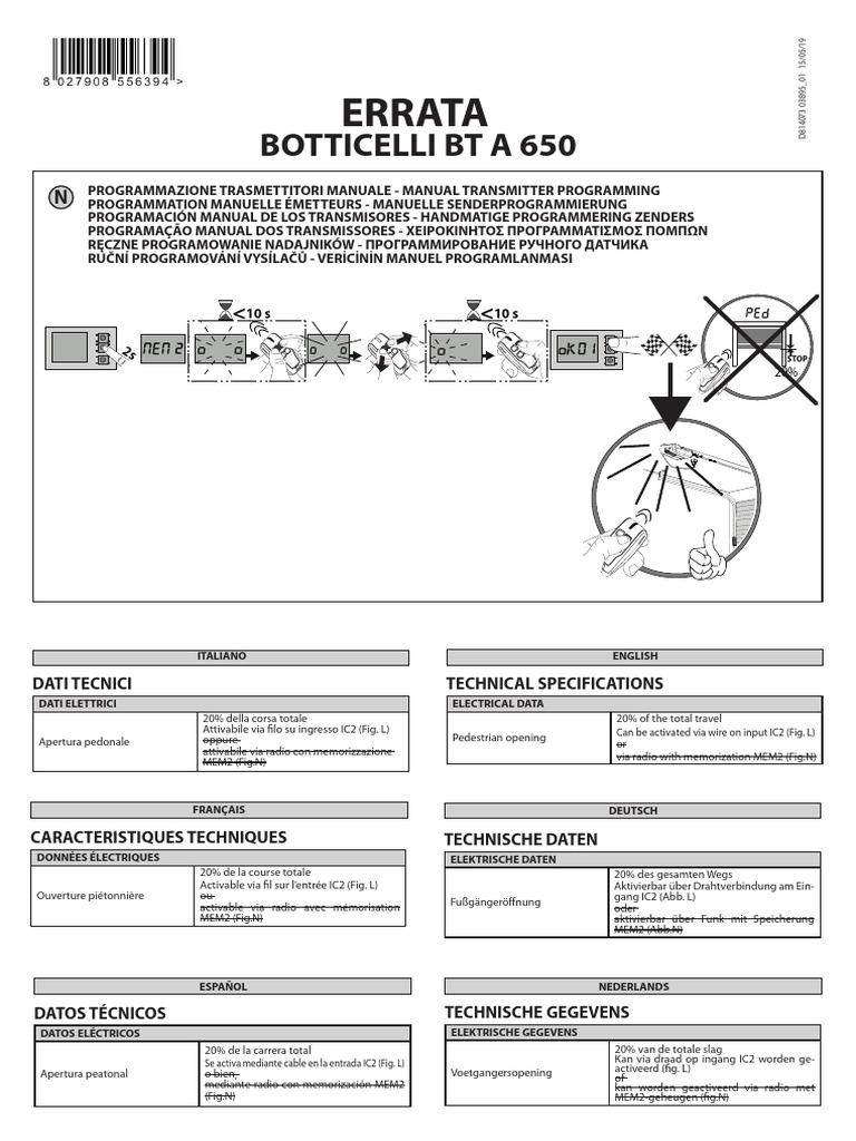 Manual de Programare Telecomanda ERRATA BOTTICELLI BT A650 - BFT | PDF