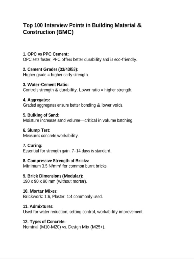 Top 100 BMC Interview Points Guide | PDF | Concrete | Building Technology