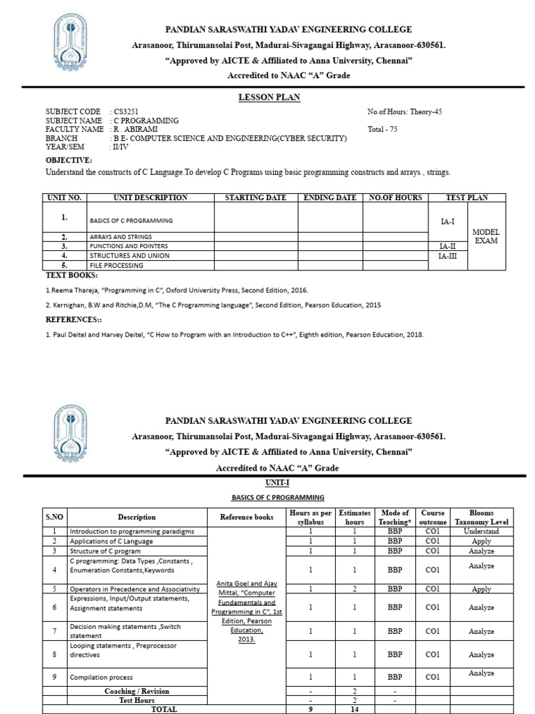 1.1.1 - 5 LESSON PLAN Aiml | PDF | C (Programming Language) | Pointer (Computer Programming)