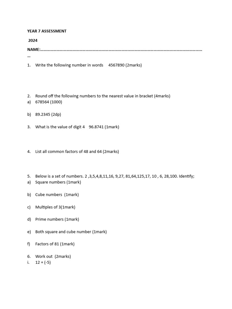 Year 7 Math Assessment 2024 | PDF