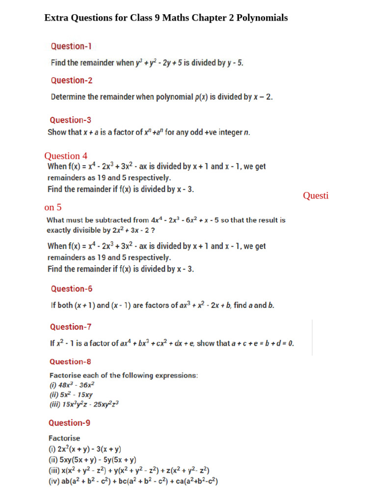 Maths Practice Questions On Polynomials | PDF