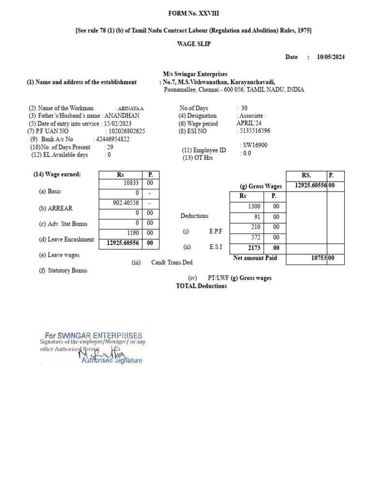 ABINAYA PAYSLIP APRIL (1) | PDF | Labor | Labor Relations