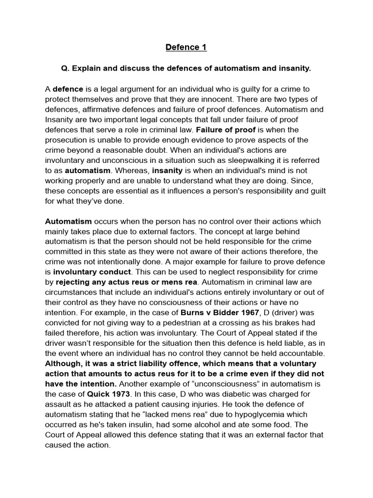 Defence 1 - Automatism & Insanity | PDF | Insanity Defense | Common Law