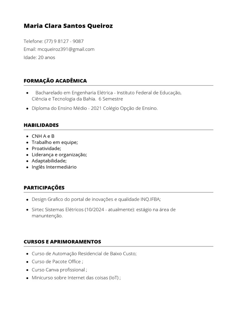 Currículo Maria Clara Santos Queiroz | PDF