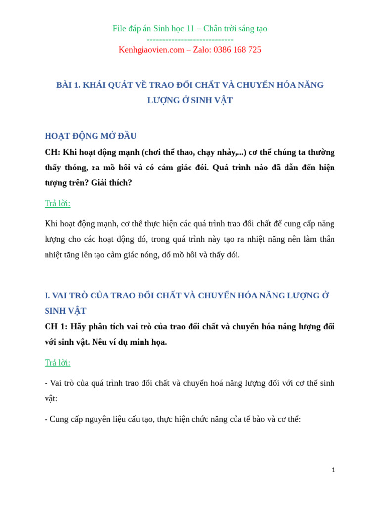 Da Sinh Hoc 11 Bai 1. Khai Quat Ve Trao Doi Chat Va Chuyen Hoa Nang Luong o Sinh Vat | PDF