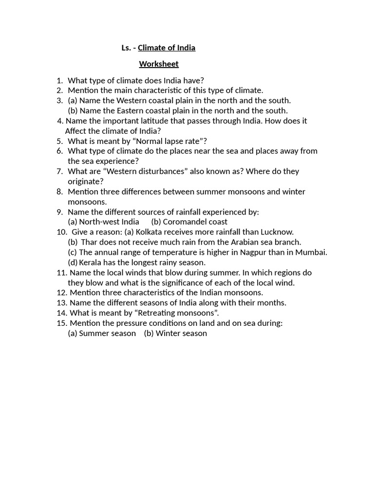 Class 10 - Ls. Climate - Worksheet | PDF