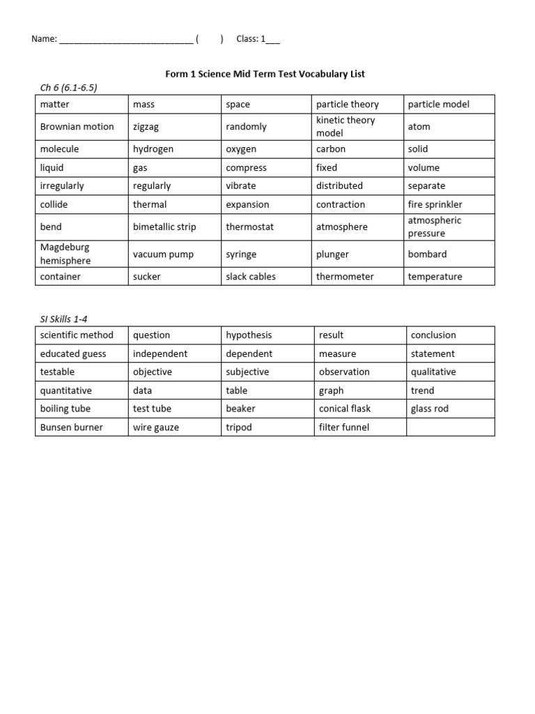 Form 1 Science Mid Term Test Vocabulary List 2425 1 | PDF