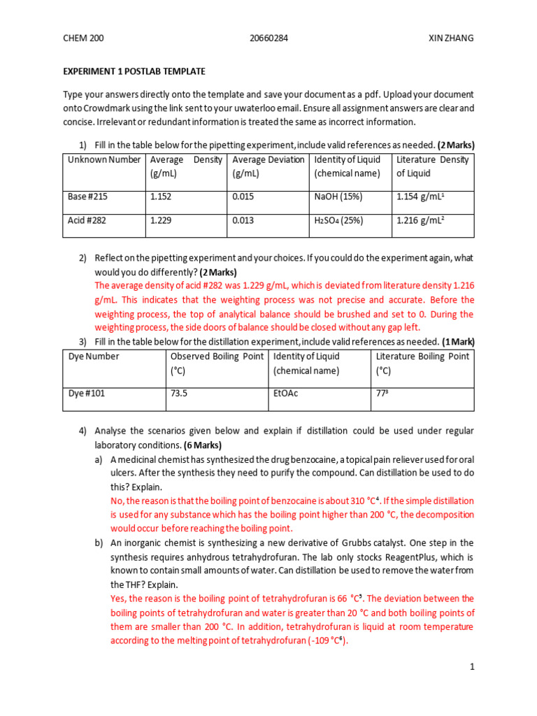 Experiment 1 Postlab Template | PDF | Tetrahydrofuran | Distillation