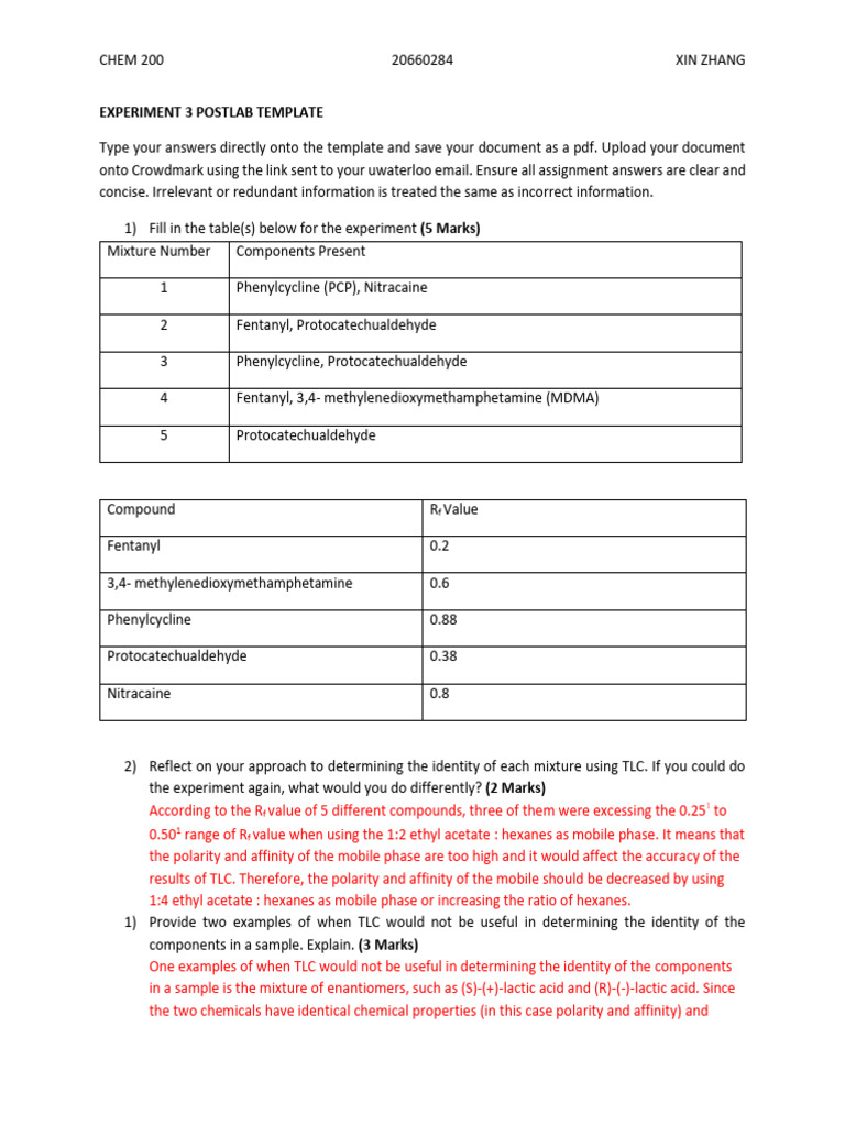 Experiment 3 Postlab Template | PDF | Thin Layer Chromatography | Mixture