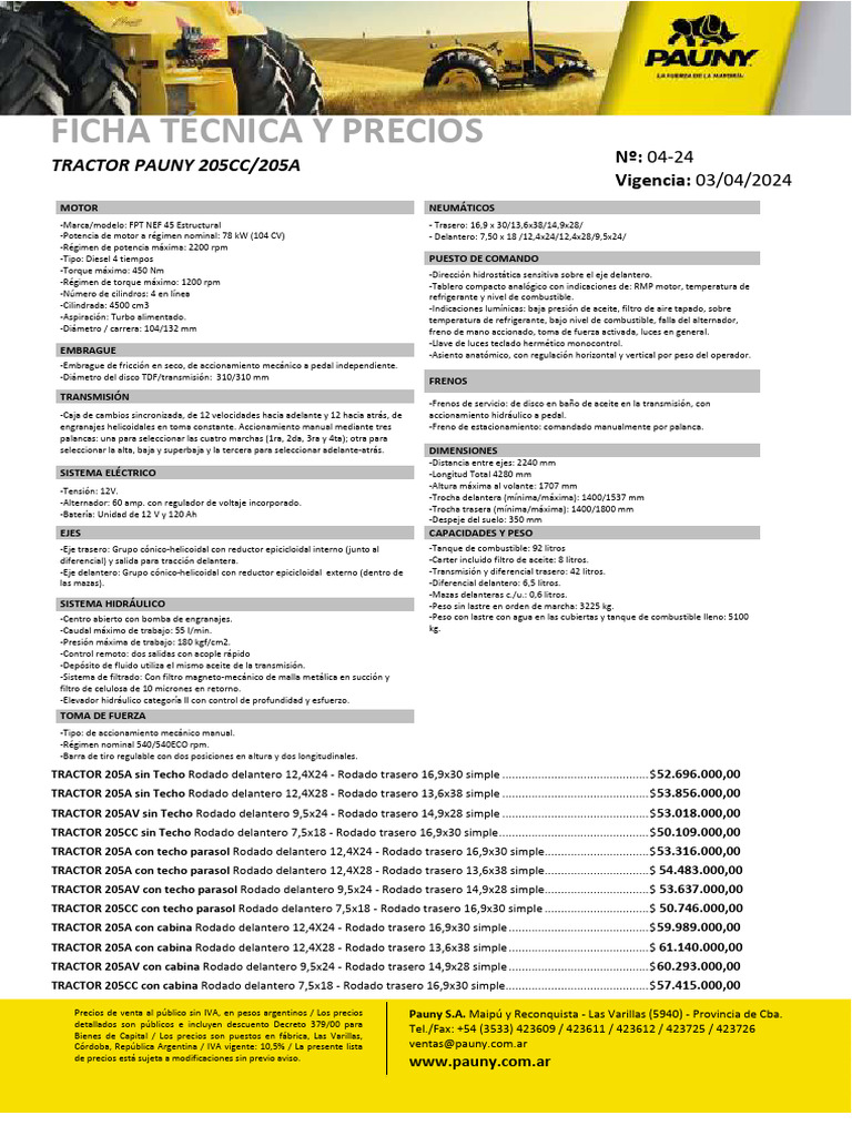 Ficha Técnica y Precios Tractor Pauny 205 | PDF | Embrague | Vehículo ...