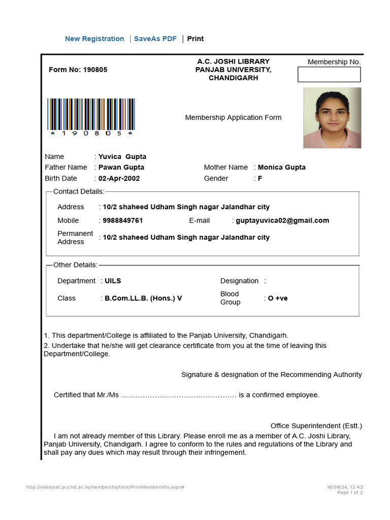 A.C. Joshi Library Membership Form | PDF