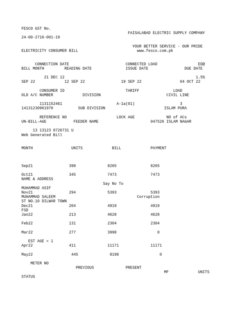 599086767 Fesco Online Bill 1 | PDF | Taxes | Payments