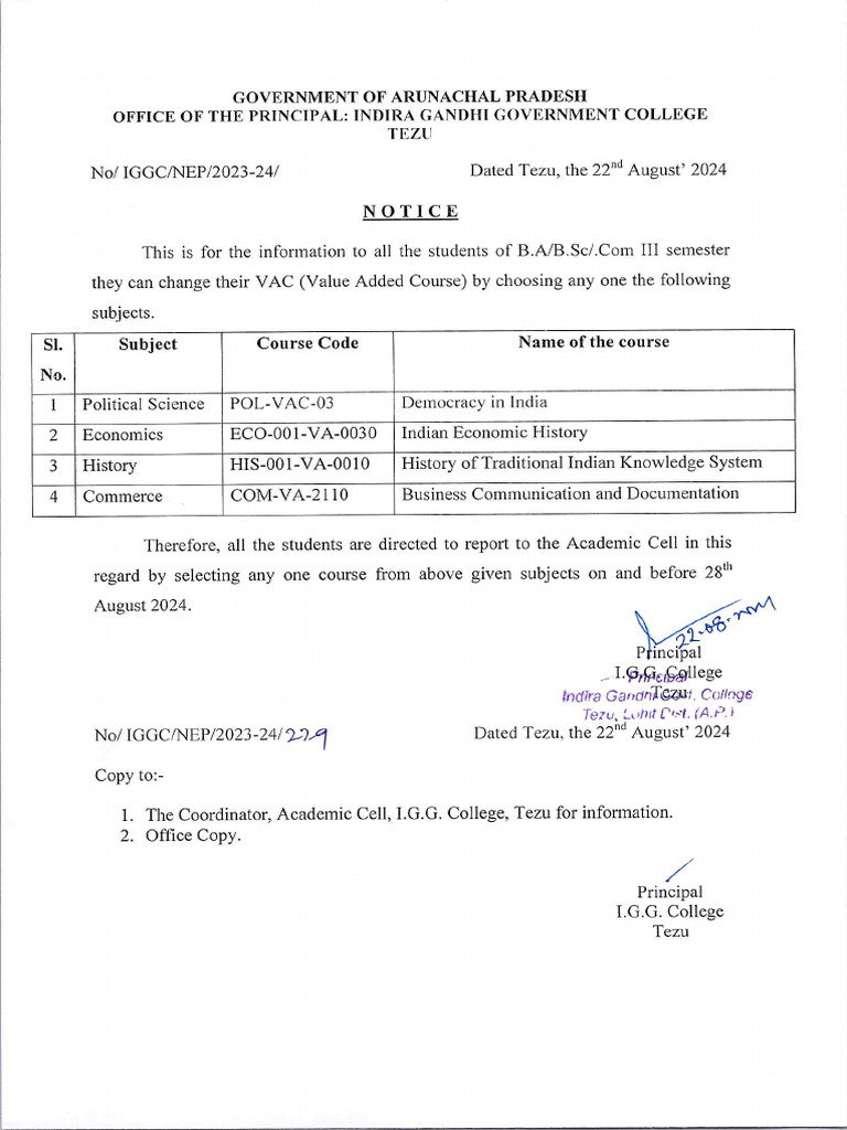 Notice for B.a B.sc B.com III Sem to Change Their VAC | PDF