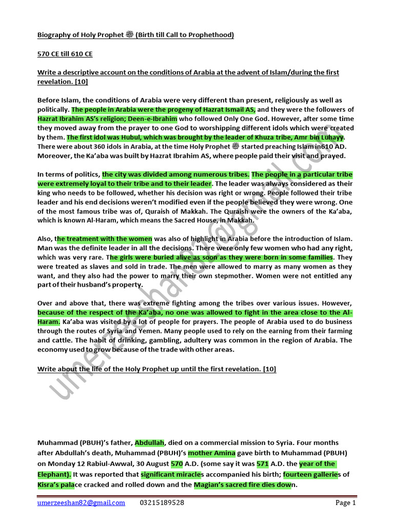 Biography of Holy Prophet SAW | PDF | Muhammad | Prophets And ...