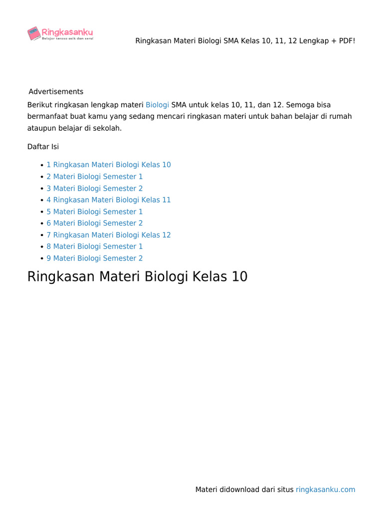 Ringkasan Materi Biologi SMA Kelas 10, 11, 12 Lengkap + PDF! | PDF