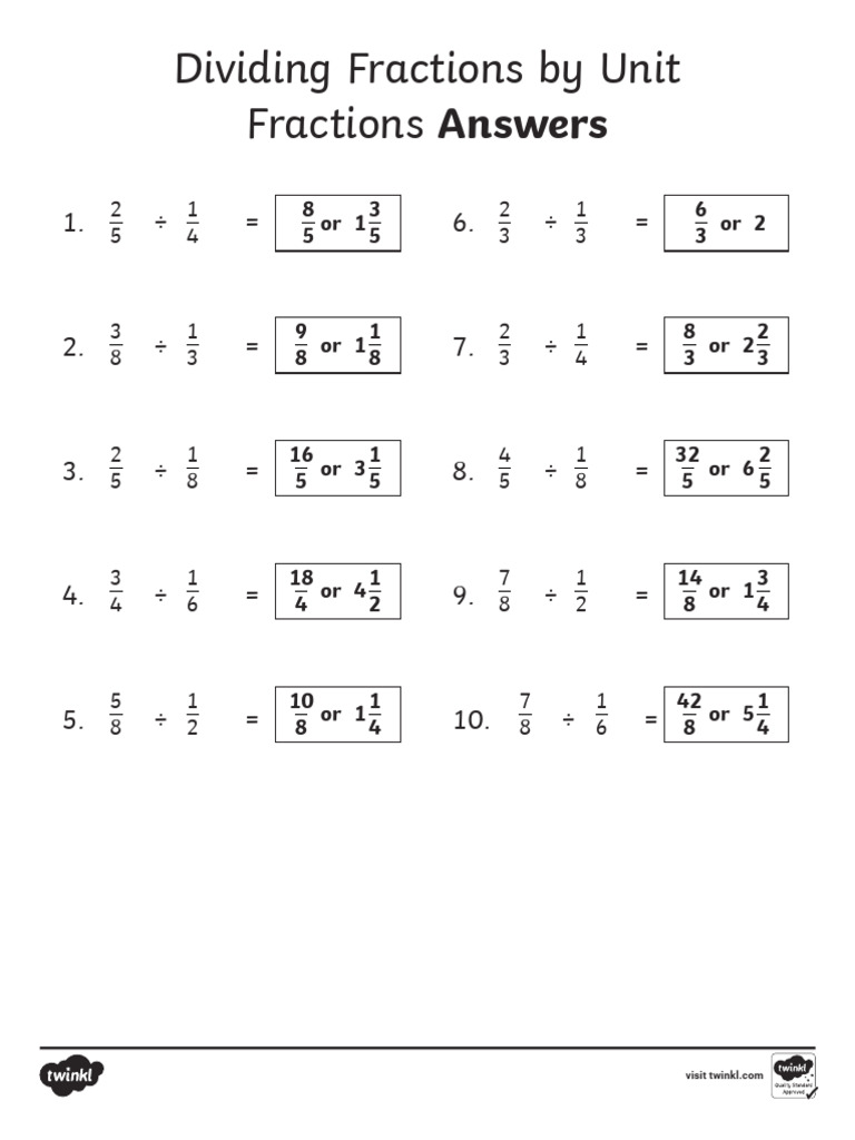 Answers Dividing by Fractions by Unit Fractions Activity Sheet | PDF