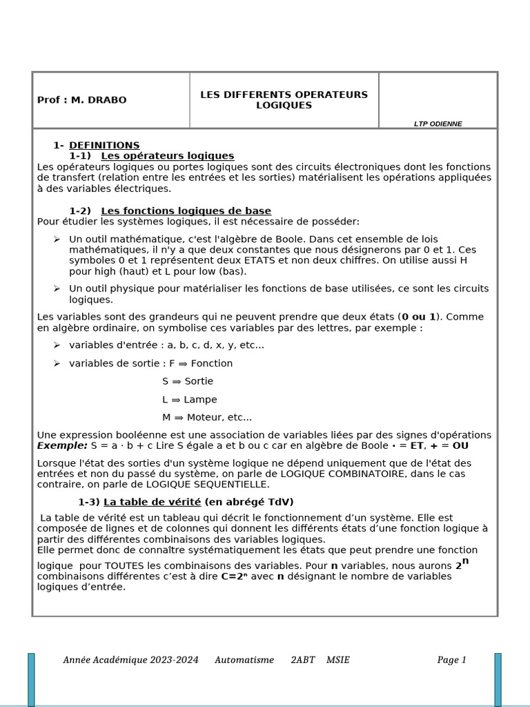Opérateurs Logiques : Définitions et Types | PDF | Algèbre de Boole ...