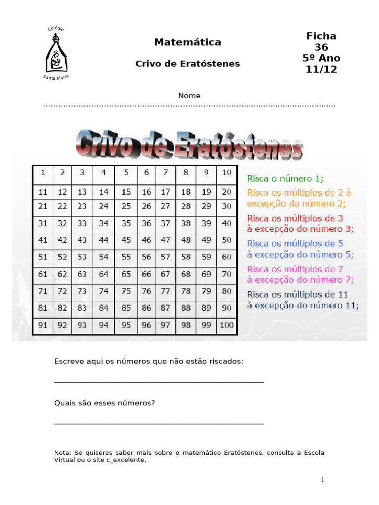 Crivo de Eratóstenes para 5º Ano | PDF