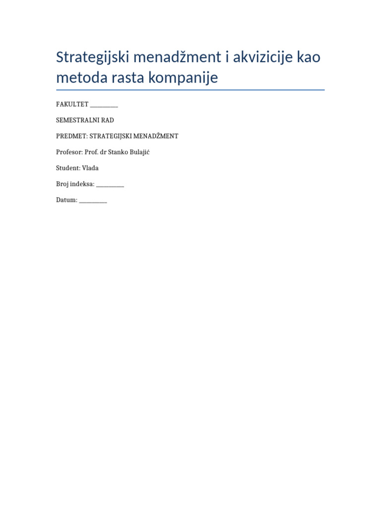 Strategijski Menadzment Akvizicije Jelena | PDF