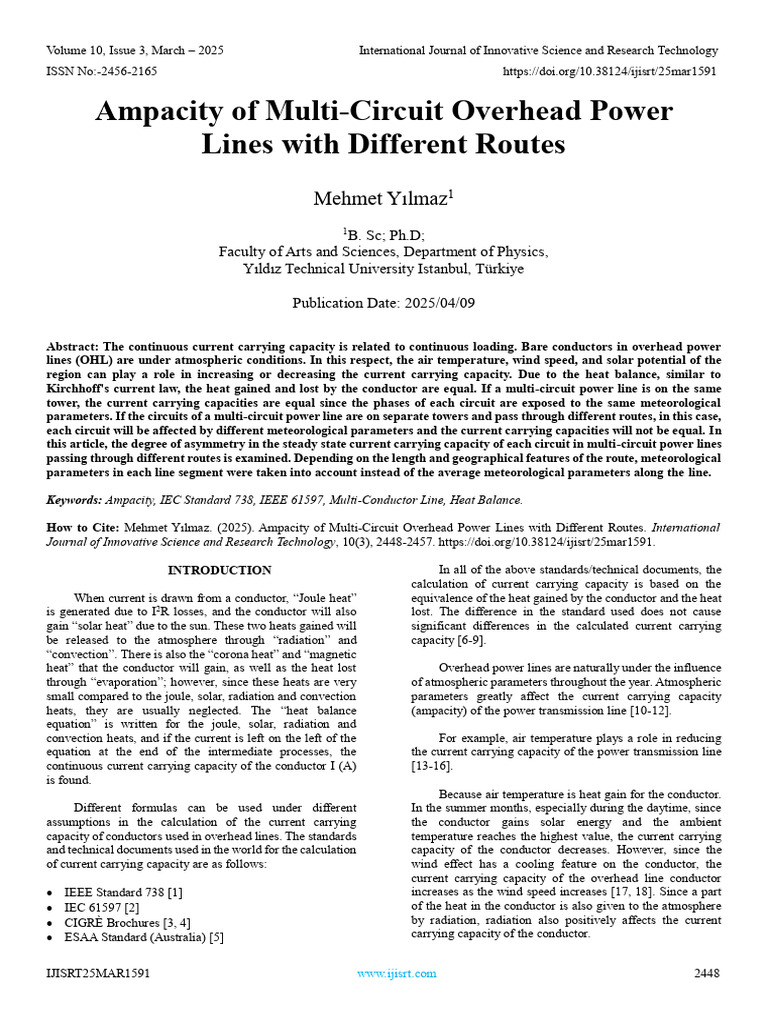 Ampacity of Multi-Circuit Overhead Power Lines with Different Routes ...