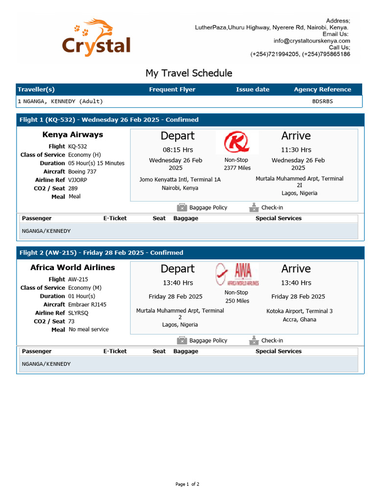 KQ 532 Flight Itinerary Details | PDF | Aviation | Airlines