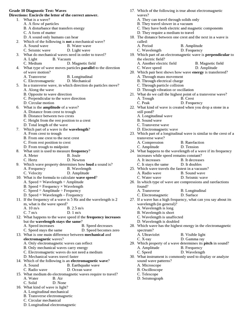 Grade 10 Waves Diagnostic Test | PDF | Waves | Electromagnetic Radiation