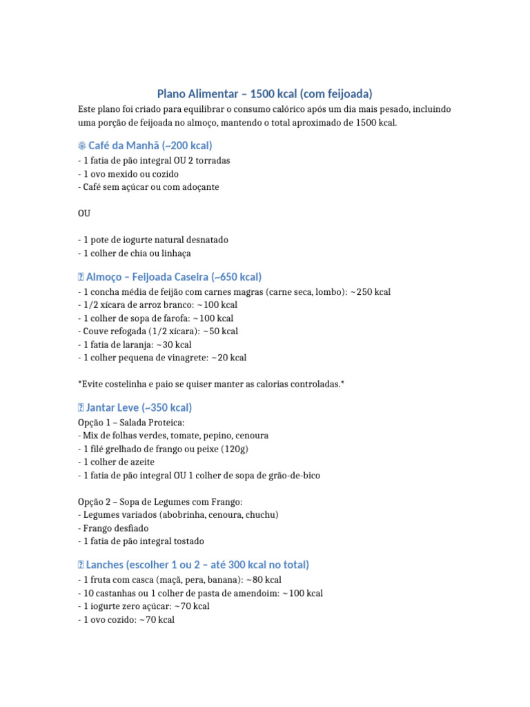 Plano Alimentar 1500kcal Feijoada | PDF