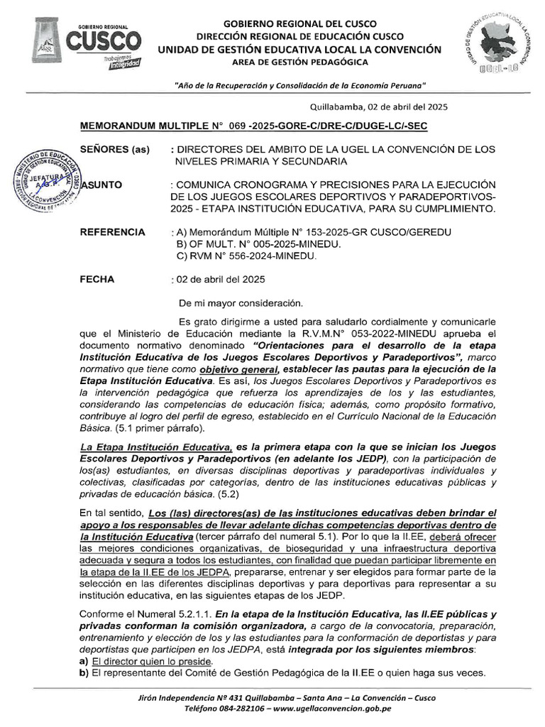 Memo Mult 069-2025-Ugel-Lc Cronograma Jedp-2025 Etapa Ii - Ee | PDF