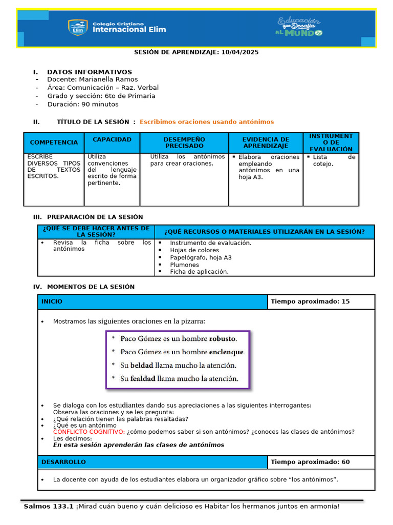 SESION Raz Verbal - Antónimos - 6TO PRIMARIA | PDF | Metacognición | Aprendizaje