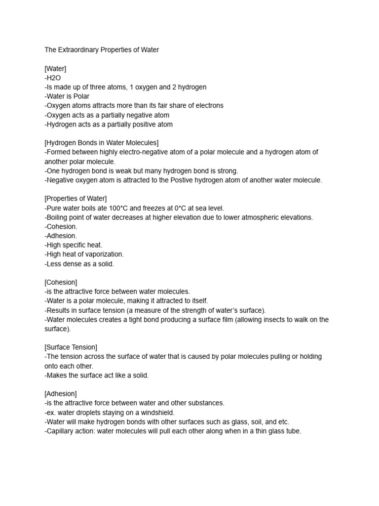 The Extraordinary Properties of Water | PDF | Water | Properties Of Water