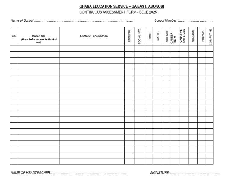 BECE 2025 Continuous Assessment Form | PDF