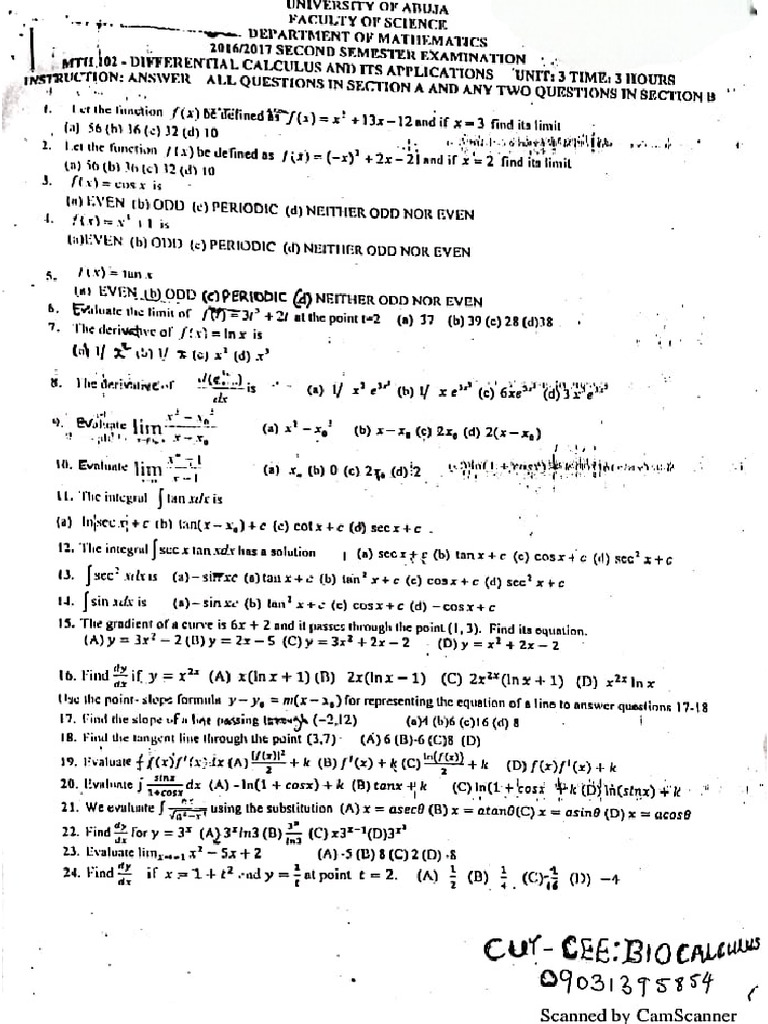 MTH 102 Past Question. | PDF