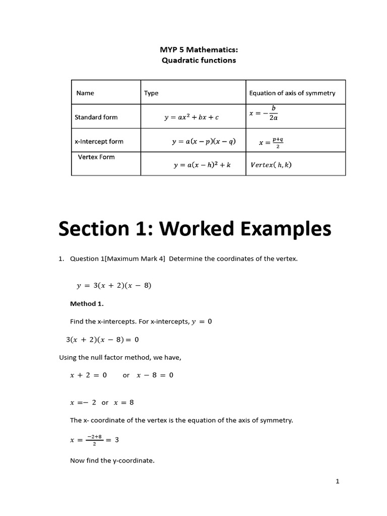 Quadratic Functions Worksheet and Solutions | PDF | Mathematical ...