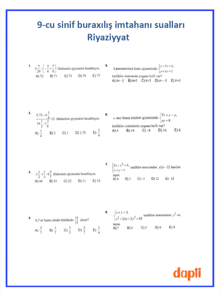 Dapti Sınaq 1. Riyaziyyat | PDF