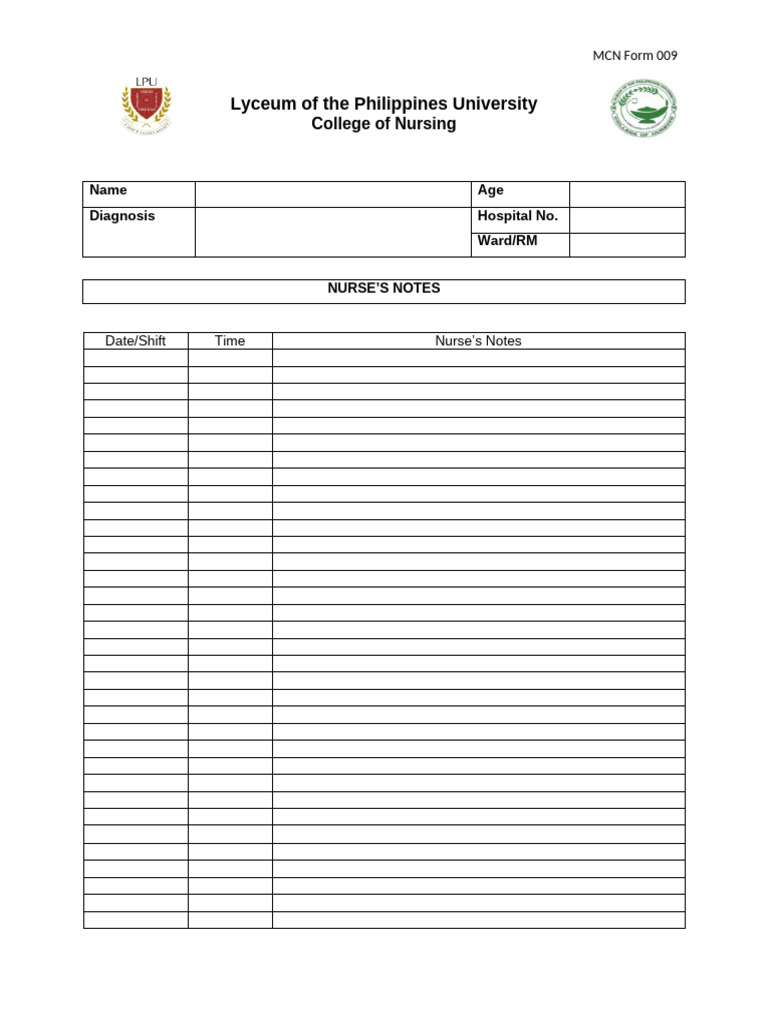 Nurse's Notes Template MCN Form 009 | PDF