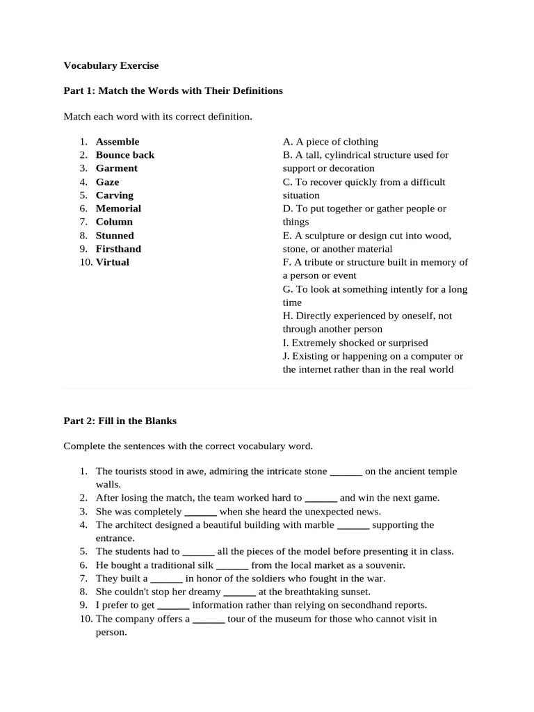 Vocabulary Exercise Reading Unit 8 | PDF