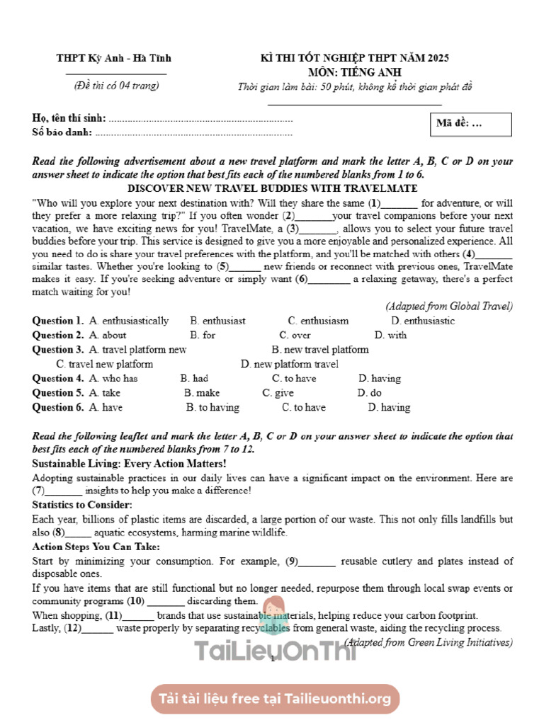 1. THPT Kỳ Anh - Hà Tĩnh (Tốt Nghiệp THPT 2025 Môn Tiếng Anh) .Doc - Google Tài Liệu | PDF