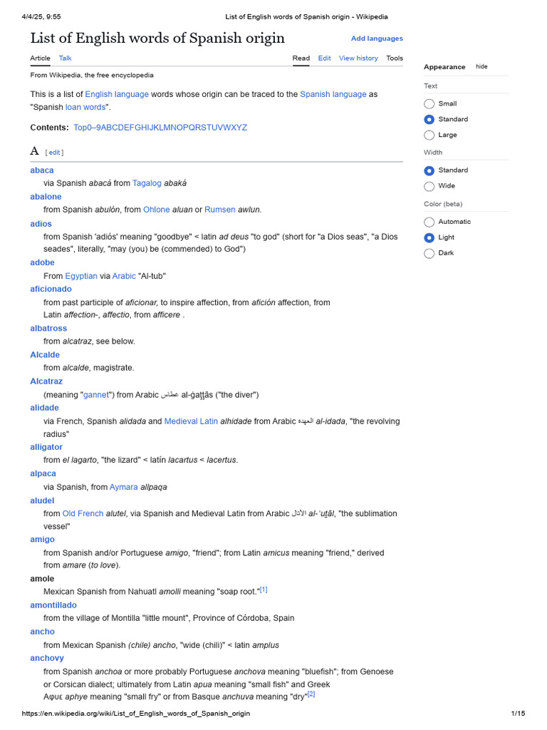 List of English Words of Spanish Origin - Wikipedia | PDF